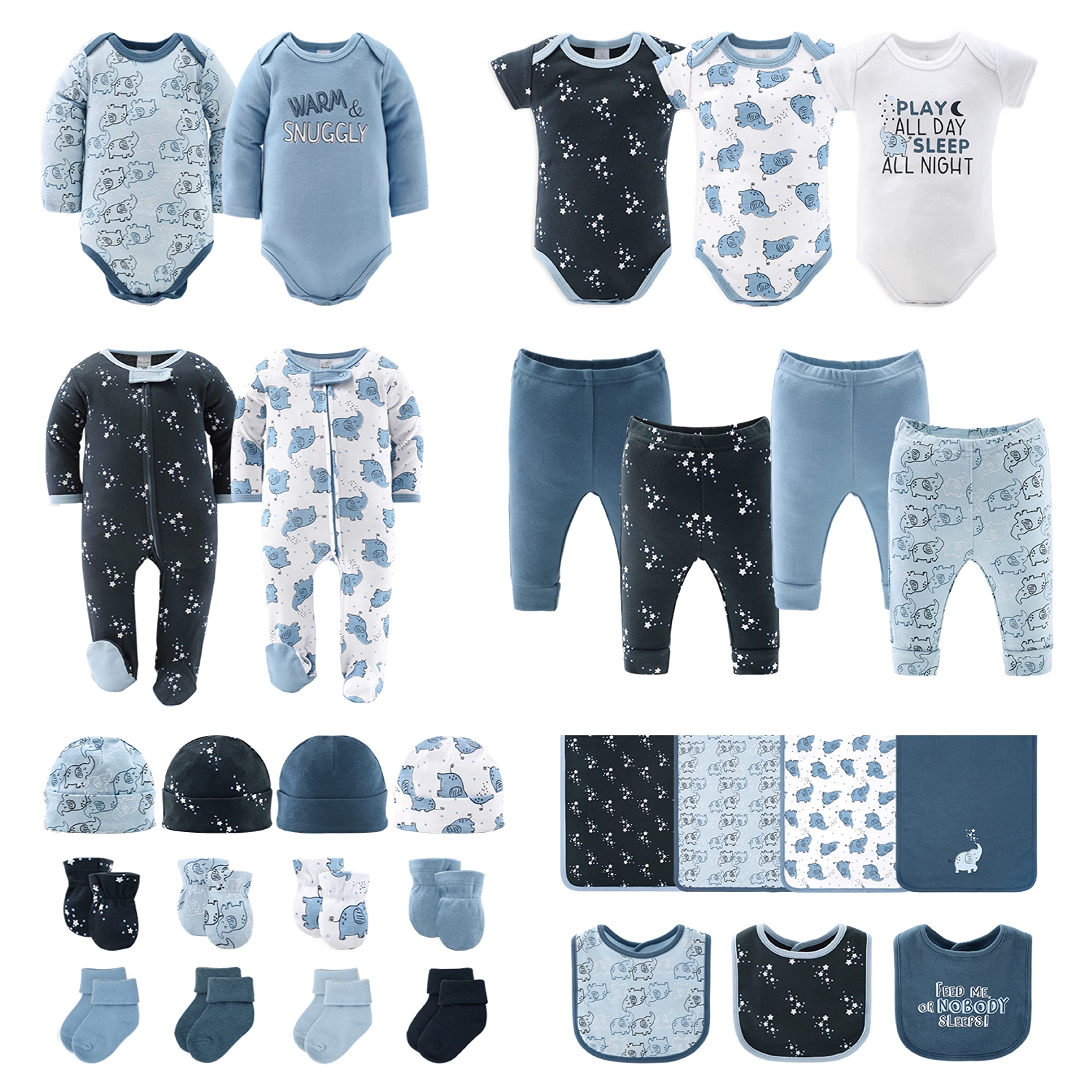 The Peanutshell Baby Layette Gift Set for Baby Boys - 30 Piece New Born Baby Boy Gift Set, Baby Clothes & Newborn Essentials Must Haves - Newborn Baby Boy Clothes 0-3 Months - Elephant Blue