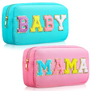 sanwuta 2 pieces nylon cosmetic bag chenille letter makeup bag pouch zipper travel toiletries pouch preppy patch cosmetic travel toiletry bag for women and girls (baby and mama, pink, blue)