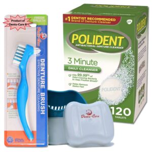 polident 3 minute denture cleaner 120 triplemint tablets bundle with dentu-care denture case and denture brush for maintaining good clean for full/partial dentures mouthguards