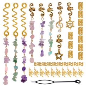 40pcs hair jewelry for braids, hoyuwak natural colored crystal stone hair braid accessories metal hair charms gold loc dreadlock spirals cuffs rings for women girls rave festival hairstyle decoration