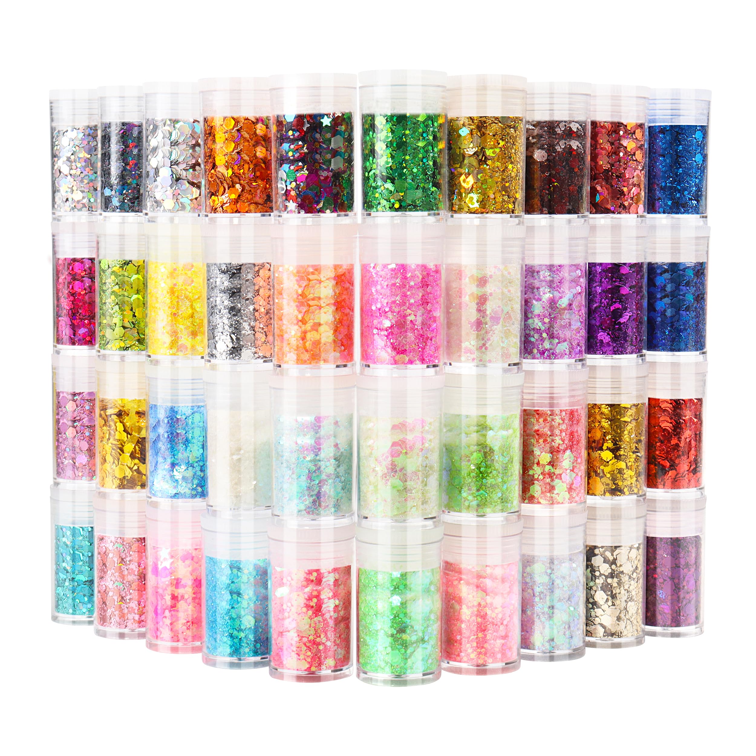 Holographic Glitter for Crafts, Chunky and Fine Glitter Mix, Set of 40 Colors Glitter, Cosmetic Face Eye Hair Body Glitter, Iridescent Nail Art Glitter, Resin Glitter for Tumbler Cups Slime Making