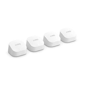 amazon eero 6+ mesh wi-fi router | 1.0 gbps ethernet | coverage up to 6,000 sq. ft. | connect 75+ devices | 4-pack | 2022 release