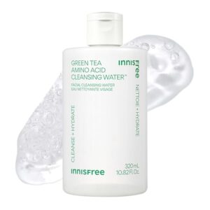 innisfree green tea amino acid cleansing water, hydrating micellar water, korean skincare makeup remover, dermatologist tested (packaging may vary)