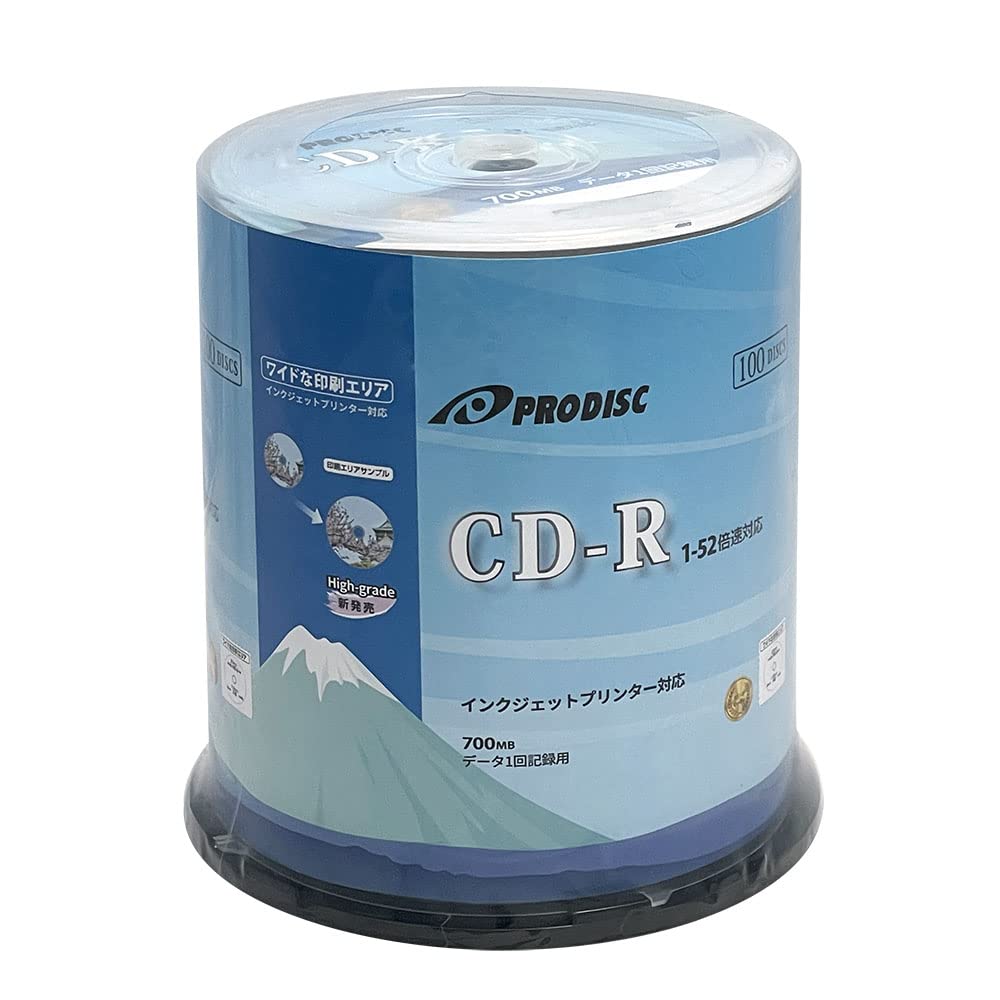 Prodisc CD-R 700MB 52X White Inkjet Hub Printable Recordable Media Disc - 100 Discs (Japanese Limited Edition) Blank CDs, CD-R Discs for Music and Data, Writable CDR, 100 Pack