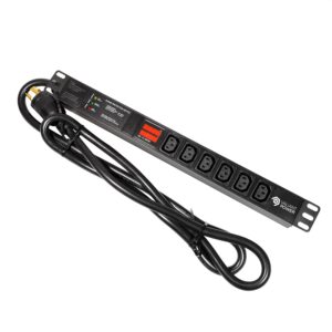 valiant power rack mount power strip - 240v 30a single phase pdu with built-in surge protector, volt & amp meter for data center - 19” metal housing, ears & fittings included, 6’ cable, 6 outlets