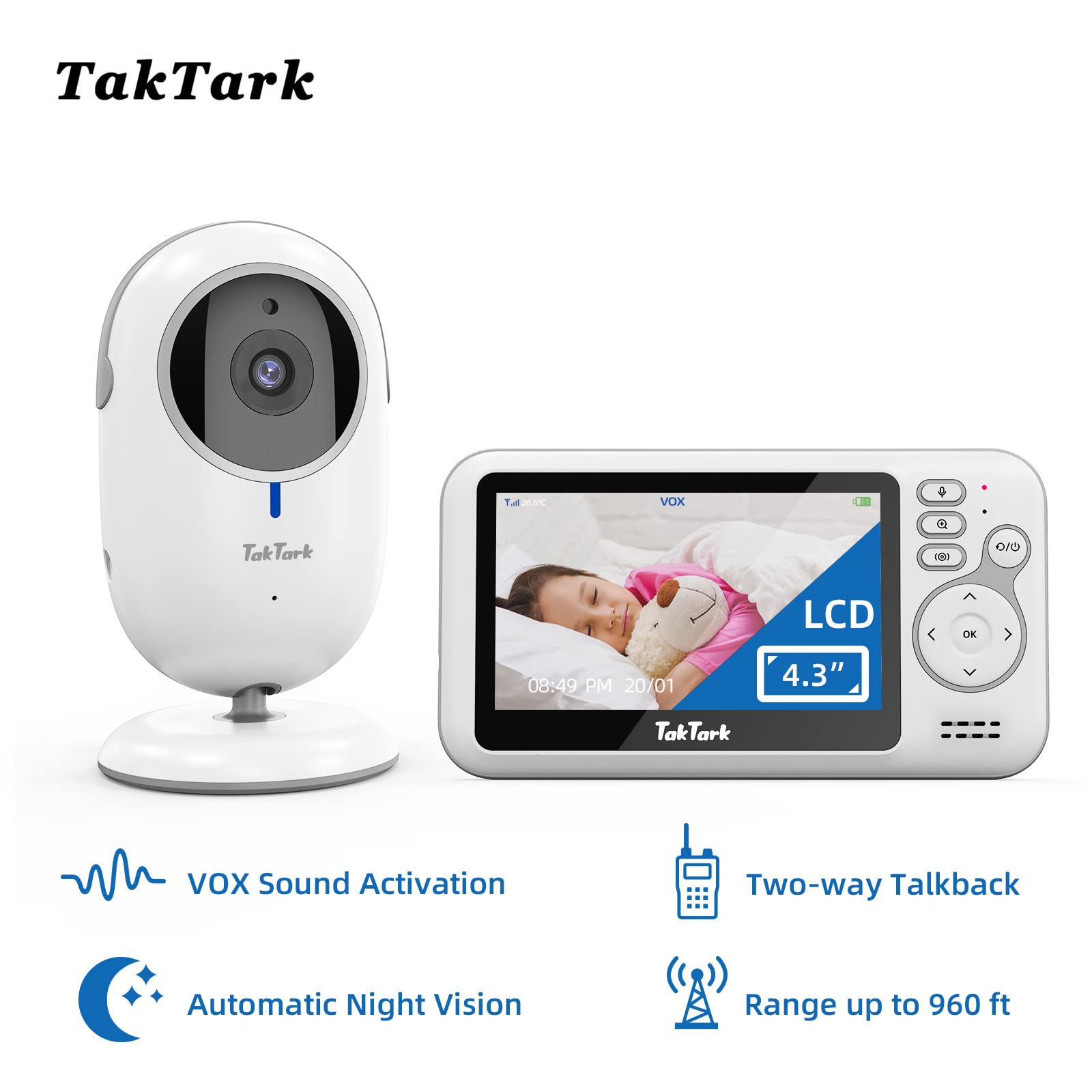 TakTark Baby Monitors with Camera and Audio, 4.3 inches, No Wi-Fi, 2 Way Audio, Night Vision, Digital Zoom, VOX Power Saving, Room Temperature, Ideal for New Parents