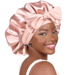 yanibest satin bonnet silk bonnet for sleeping double layer satin lined hair bonnet with tie band for women curly hair blush pink