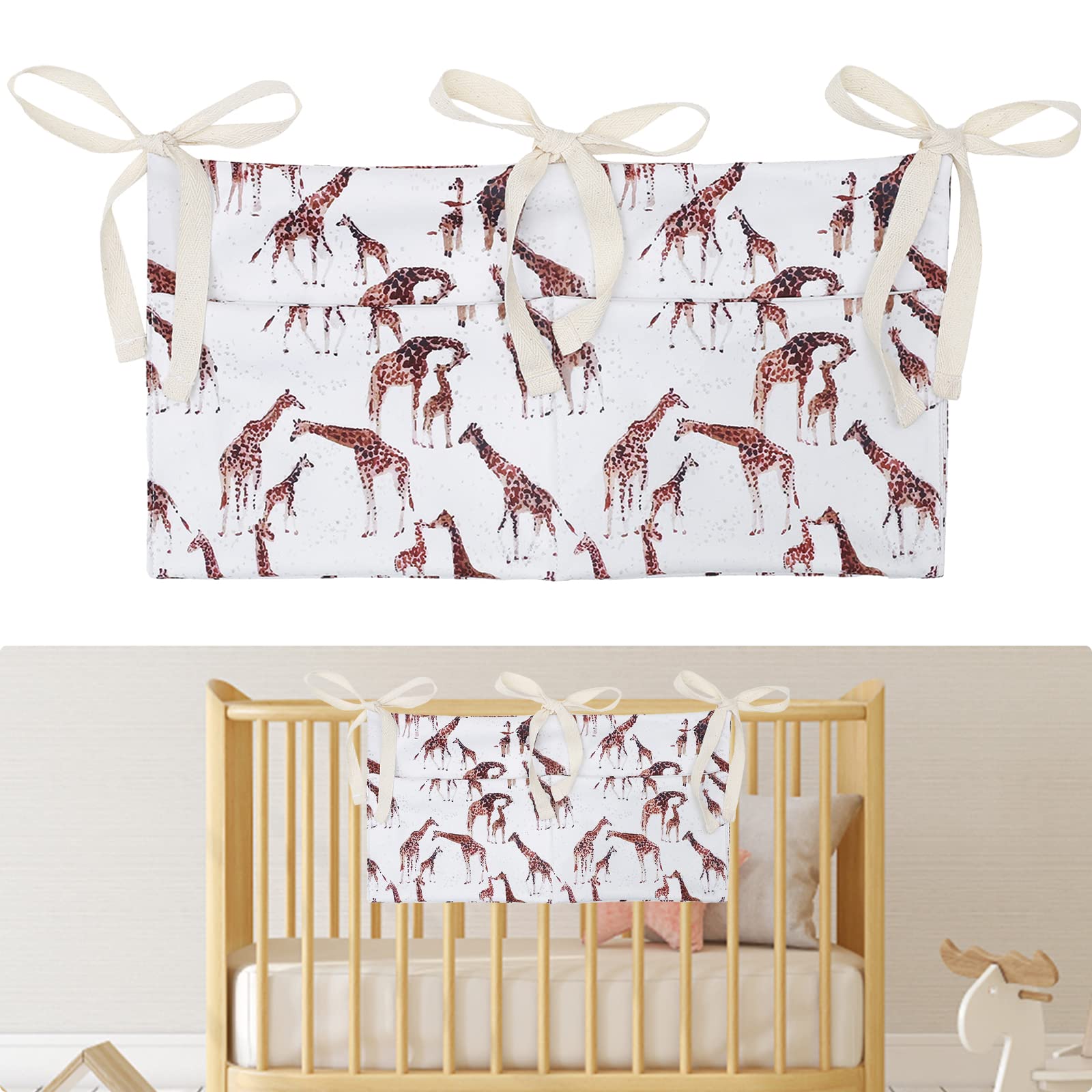 Winmany Baby Crib Organizer Cot Caddy Bed Storage Bag 2 Pockets Bedside Hanging Diaper Nursery Organizer for Diapers Toys Clothing (Giraffe)