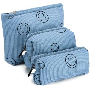 3 pcs smile face makeup bag corduroy cosmetic bag 3 sizes aesthetic preppy makeup bags for women teen girls corduroy toiletry pouch travel smile dots bags washable skincare bag (light blue grey)