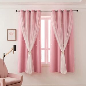 lugotal pink curtains for girls bedroom kids baby room decor cute double layer star cutout curtains room darkening window curtains for nursery (pink, 42w x 84l,2 panels)