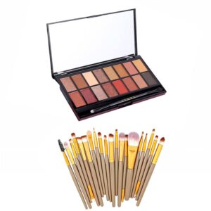 ruigpro pro 16 shades eyeshadow palette + 20 pcs makeup brushes set high pigmented naked nudes shimmer matte metallic smokey eye shadow soft synthetic powder cream blending brush neutral pallet