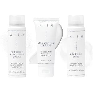 aiir professional travel size haircare bundle - texture spray, smoothing cream, flexible hold hairspray & travel bag, vegan hair care infused with crystals, clean beauty