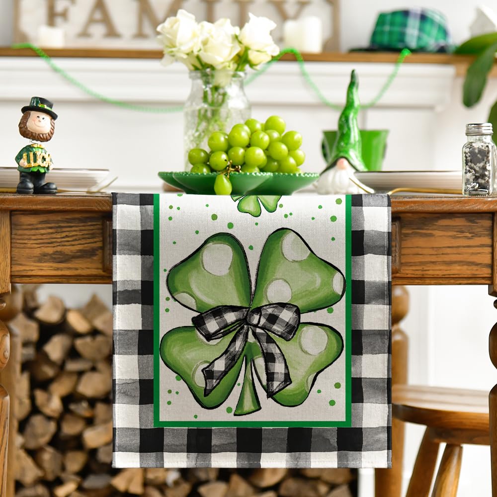 Artoid Mode Buffalo Plaid Dots Shamrocks St.Patrick's Day Table Runner, Seasonal Kitchen Dining Table Runner for Home Party Decor 13x72 Inch