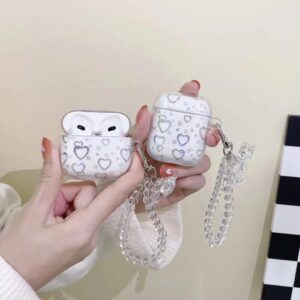 Clear Holographic Heart Case Compatible for Airpods Pro 2nd,Love Heart Laser Pattern Aesthetic Glitter AirPods Protective Cases with Cute Bear Transparent Bead Bracelet Keychain