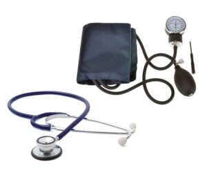 dealmed blood pressure monitor and stethoscope bundle | includes (1) arm blood pressure monitor with adult cuff (black) and (1) dual-head stethoscope (navy)