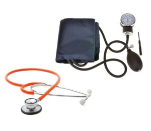 dealmed blood pressure monitor and stethoscope bundle | includes (1) arm blood pressure monitor with adult cuff (black) and (1) dual-head stethoscope (neon orange)