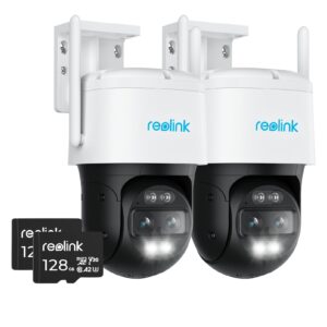 reolink 4k dual-lens outdoor ptz auto-tracking camera (2 pack) bundle with 128gb microsd card (2 pcs), 6x hybrid zoom, with spotlight, 2.4g/5ghz wifi