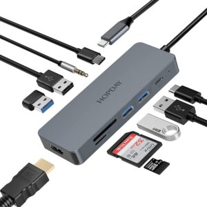 hopday 10 in 1 usb c hub, usb c adapter macbook pro/air ipad pro adapter with 4k hdmi output, compatible for laptop, surface pro 8, type c devices (pd 100w usb 3.0 tf card reader)