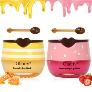 2 pack nourishing lip balm honey pot, moisturizing honey & strawberry propolis lip mask, hydrating & prevention dry and cracked lip scrubs exfoliator sleeping lip mask reduces lip lines