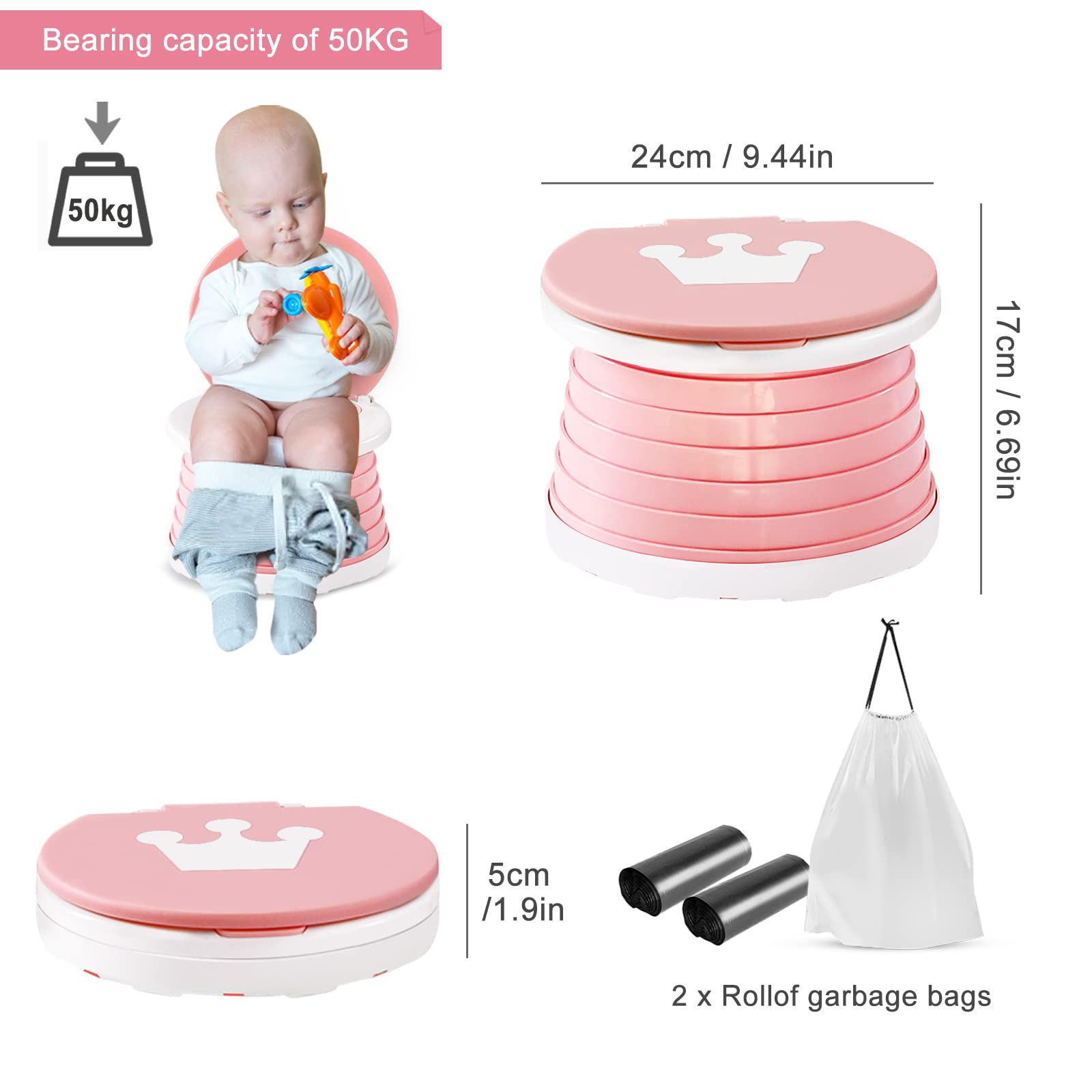 Travel potty for toddlers, Portable Potty for Toddlers Foldable Kids Training Toilet Seat for Boys Girls Baby Carry Potty Children Car Potty Chair for Camping Park with 3 rolls bag（Pink）