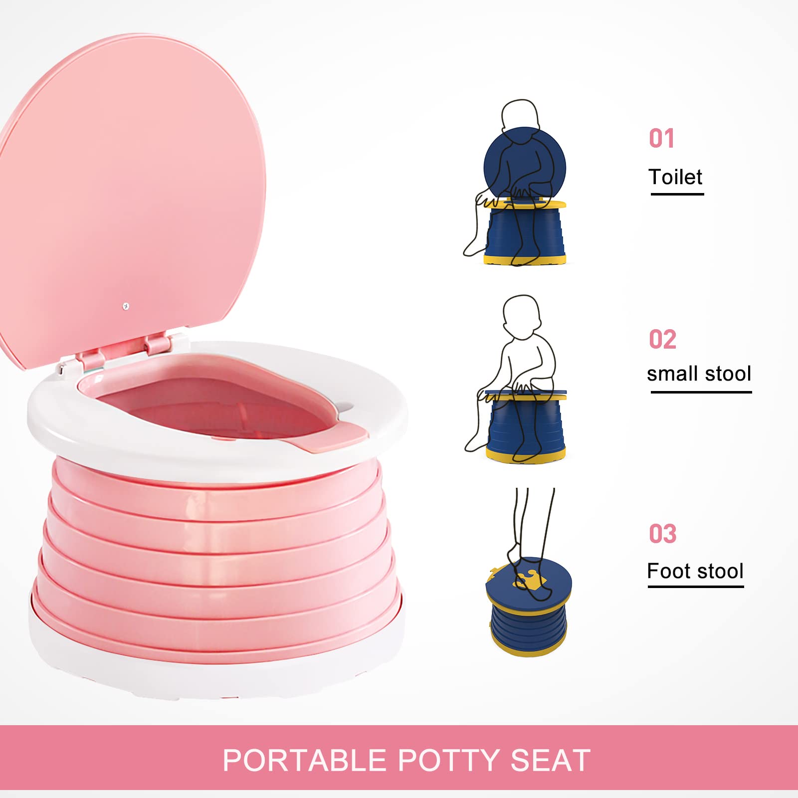 Travel potty for toddlers, Portable Potty for Toddlers Foldable Kids Training Toilet Seat for Boys Girls Baby Carry Potty Children Car Potty Chair for Camping Park with 3 rolls bag（Pink）