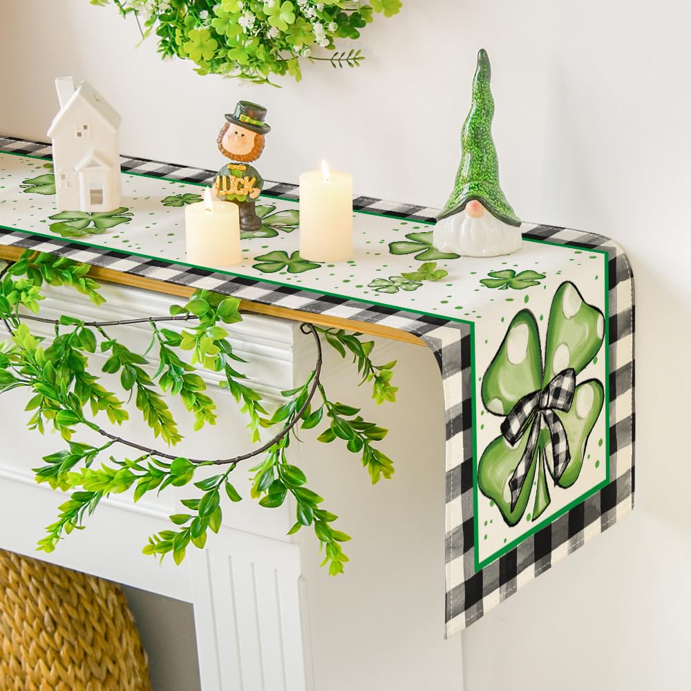 Artoid Mode Buffalo Plaid Dots Shamrocks St.Patrick's Day Table Runner, Seasonal Kitchen Dining Table Runner for Home Party Decor 13x72 Inch