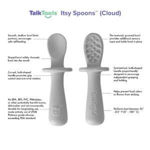 TalkTools ITSY Tiny Silicone Spoons – Twin Pack Soft Silicone Self-Feeding Training Spoons for Kids & Toddlers, Anti-Choking Flange Guard and Non-Slip Handle (Cloud)