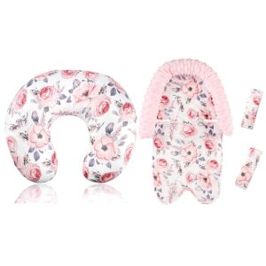 baby car seat head support and strap cover, nursing pillow cover for girls, pink floral