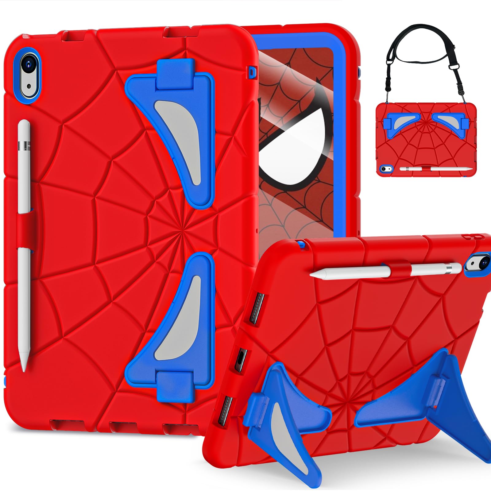 Case for iPad 10th Generation Case iPad 10.9 Case 2022 New iPad 10th Gen Case for Kids 10.9 Inch Shockproof Protective Cover with Pencil Holder & Shoulder Strap & Kickstand for Kids Children -Red Blue