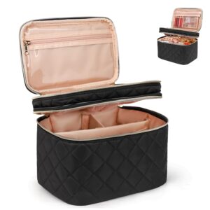 travel makeup bag organizer, large make up bag for women, double layer cosmetic bag with removable dividers, portable makeup case storage, black