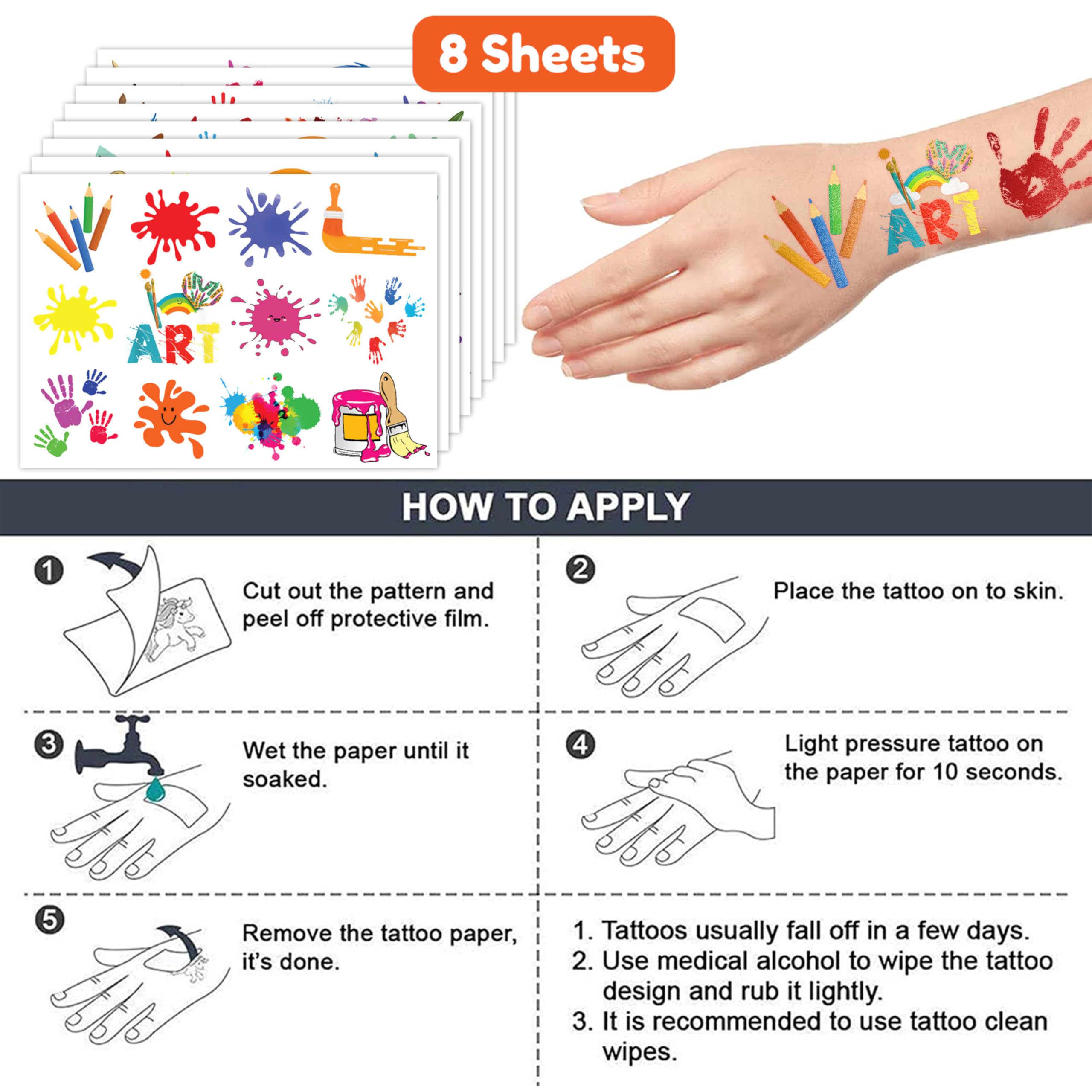 Art Temporary Tattoo Birthday Party Decorations Favors 8 Sheets (96PCS) Tattoos Stickers Cute Party Supplies Kids Girls Boys Gifts Classroom School Prizes Themed