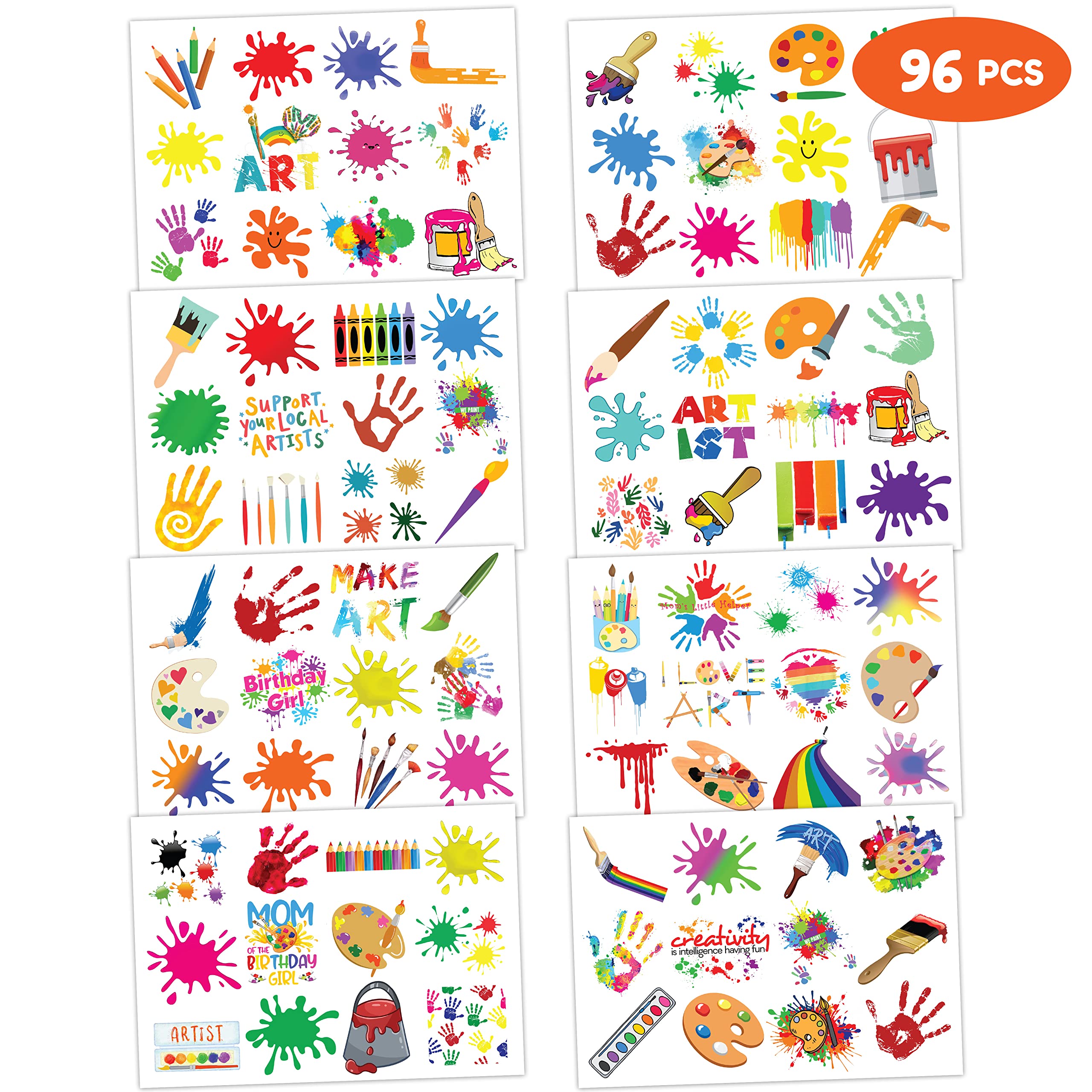 Art Temporary Tattoo Birthday Party Decorations Favors 8 Sheets (96PCS) Tattoos Stickers Cute Party Supplies Kids Girls Boys Gifts Classroom School Prizes Themed