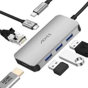 usb c hub, usb c to hdmi 4k@60hz adapter, aoyes 6-in-1 usb c dongle, usb hub with 1000m ethernet, 100w power delivery, 3 usb 3.0 ports, for macbook air, macbook pro, surface pro, xps, ipad, and more.