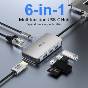 USB C Hub, USB C to HDMI 4K@60Hz Adapter, Aoyes 6-in-1 USB C Dongle, USB Hub with 1000M Ethernet, 100W Power Delivery, 3 USB 3.0 Ports, for MacBook Air, MacBook Pro, Surface Pro, XPS, iPad, and More.