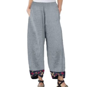 maiyifu-gj women's printed linen wide leg pants summer elastic waist beach harem trousers lightweight cropped bottoms pants (grey,small)