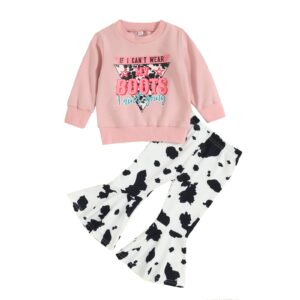 hnyenmcko toddler western baby girl clothes bell bottom outfits long sleeve cowgirl sweatshirt + cow print pants fall outfit (a-pink, 2-3 years)