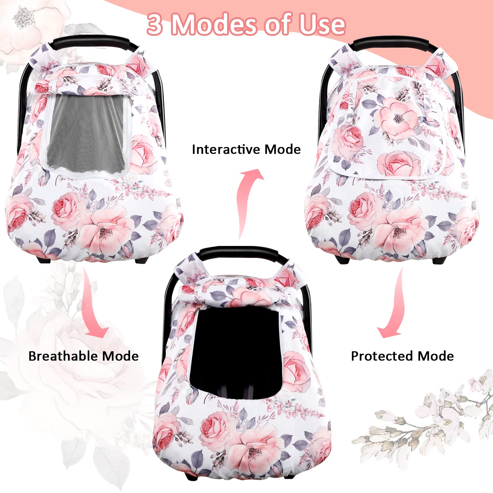 Car Seat Covers for Babies, Car Seat Headrest & Strap Cover, Winter Carseat Cover Girls, Pink Floral