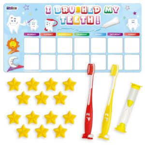 madzee toothbrush for kids with reward chart set, sand timer – 2pcs soft bristle kids tooth brush with magnetic behavior chart for children's ages 3+