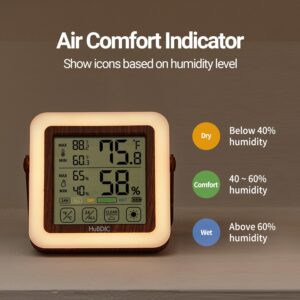 HubiBaby Digital Hygrometer Indoor Thermometer Humidity Meter Room Thermometer, Humidity Monitor for Home, Bedroom, Baby Room, Office, Greenhouse, Cellar, Portable Nightlight (Dark Wood)