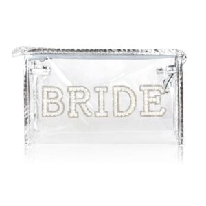 bride makeup bag bride gifts pearl rhinestone letter patch clear pvc water-resistant portable zipper cosmetic toiletry travel organizer for bridal shower wedding day bachelorette party