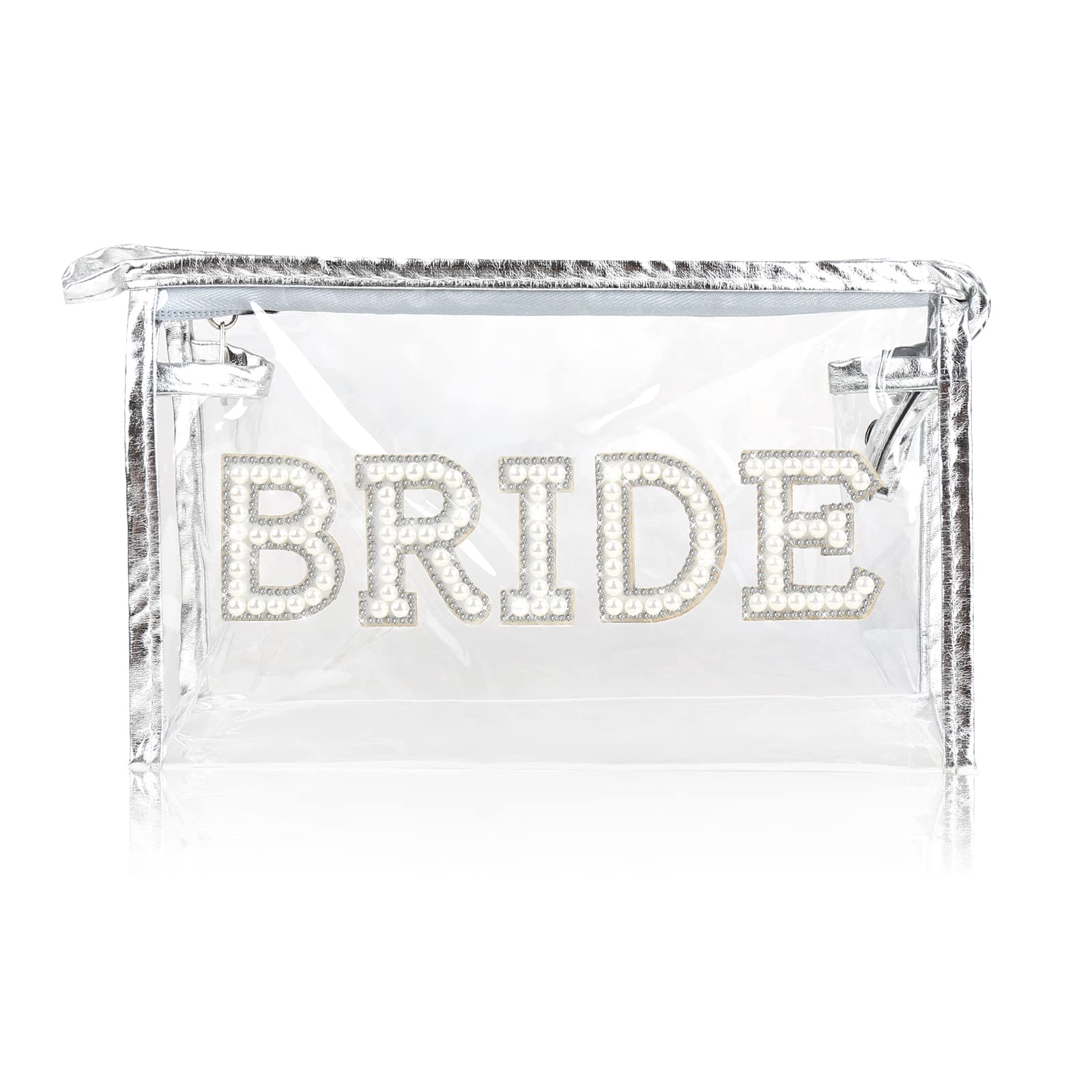 Bride Makeup Bag Bride Gifts Pearl Rhinestone Letter Patch Clear PVC Water-resistant Portable Zipper Cosmetic Toiletry Travel Organizer for Bridal Shower Wedding day Bachelorette Party