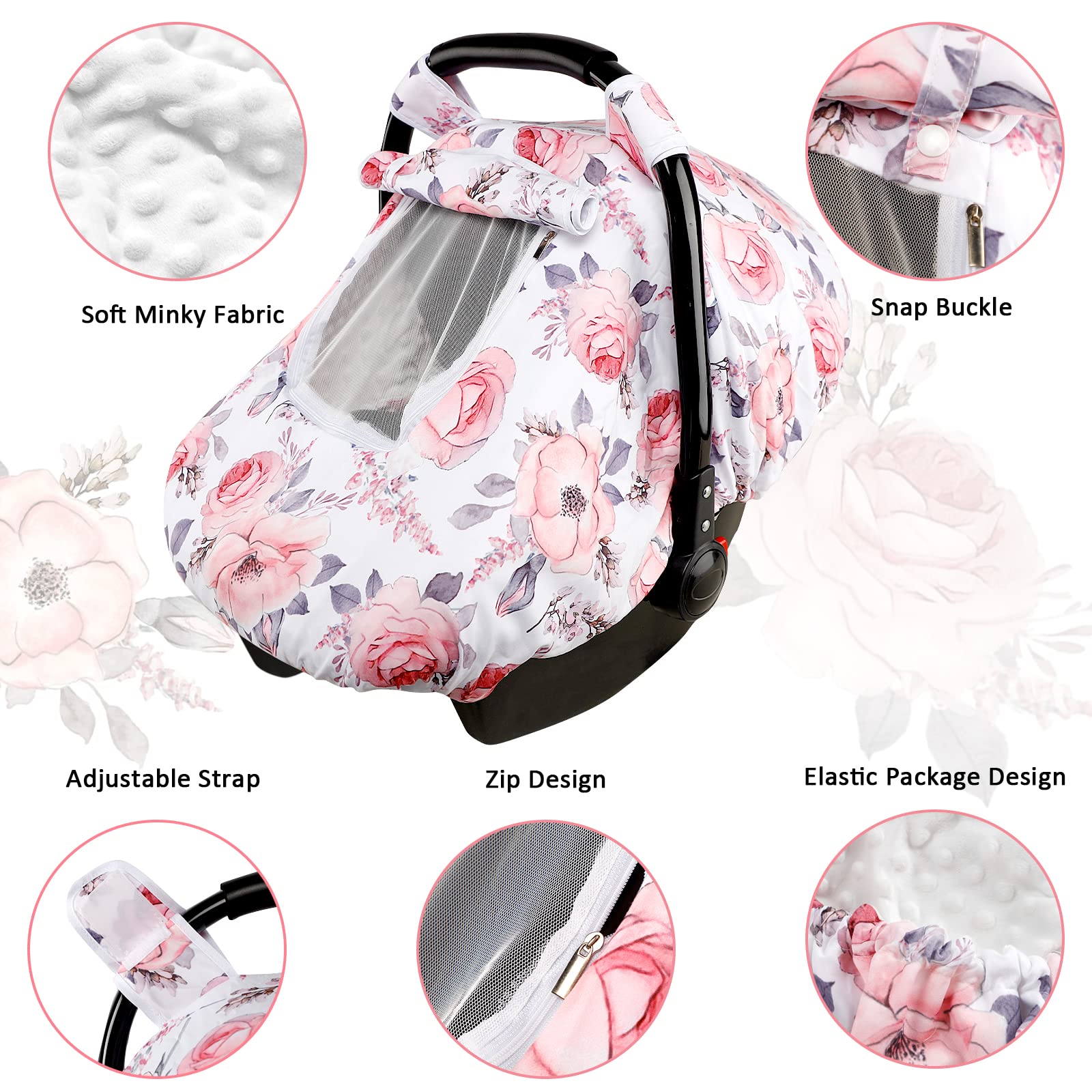 Car Seat Covers for Babies, Car Seat Headrest & Strap Cover, Winter Carseat Cover Girls, Pink Floral