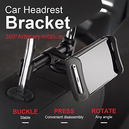 Hochiton Car Headrest Mount Universal 360° Rotating Adjustable for Phones and Tablet PCs 4.7"-10.5", Headrest Holder, Car Backseat Mount for Kid Boy Girl Travel Entertainment Purpose 04BLK