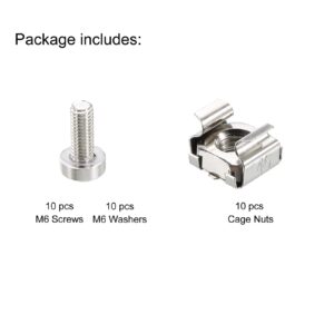 PATIKIL Rack Mount Cage Nuts M6x15mm Mounting Screws Iron Nickel Plated for Server Rack Cabinets with Washers, Silver Tone 10 Sets