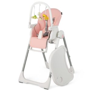 baby joy baby high chair, foldable highchair w/toy bar, 7 heights, 4 reclining angles, adjustable footrest, removable double tray, pu cushion & lockable wheels for babies toddlers, 6-36 months (pink)