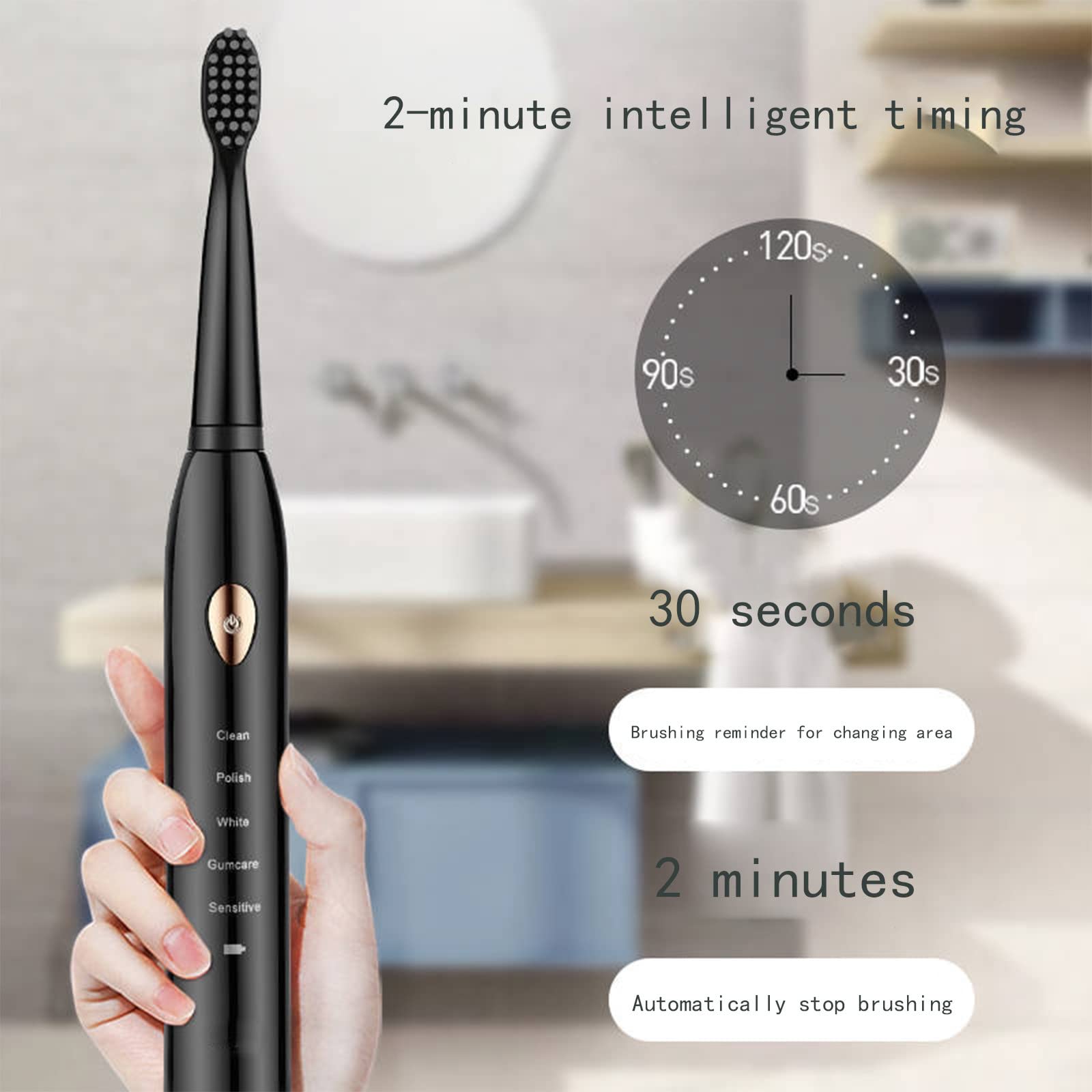 BVnarty USB Electric Toothbrush, Water-Resistant Fast Charging Toothbrush for Adult 4 Replacement Brush Heads Family 5 Care Modes Toothbrush Set