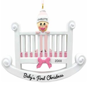 personalized baby in a crib first christmas ornament (standing baby in a crib - pink)