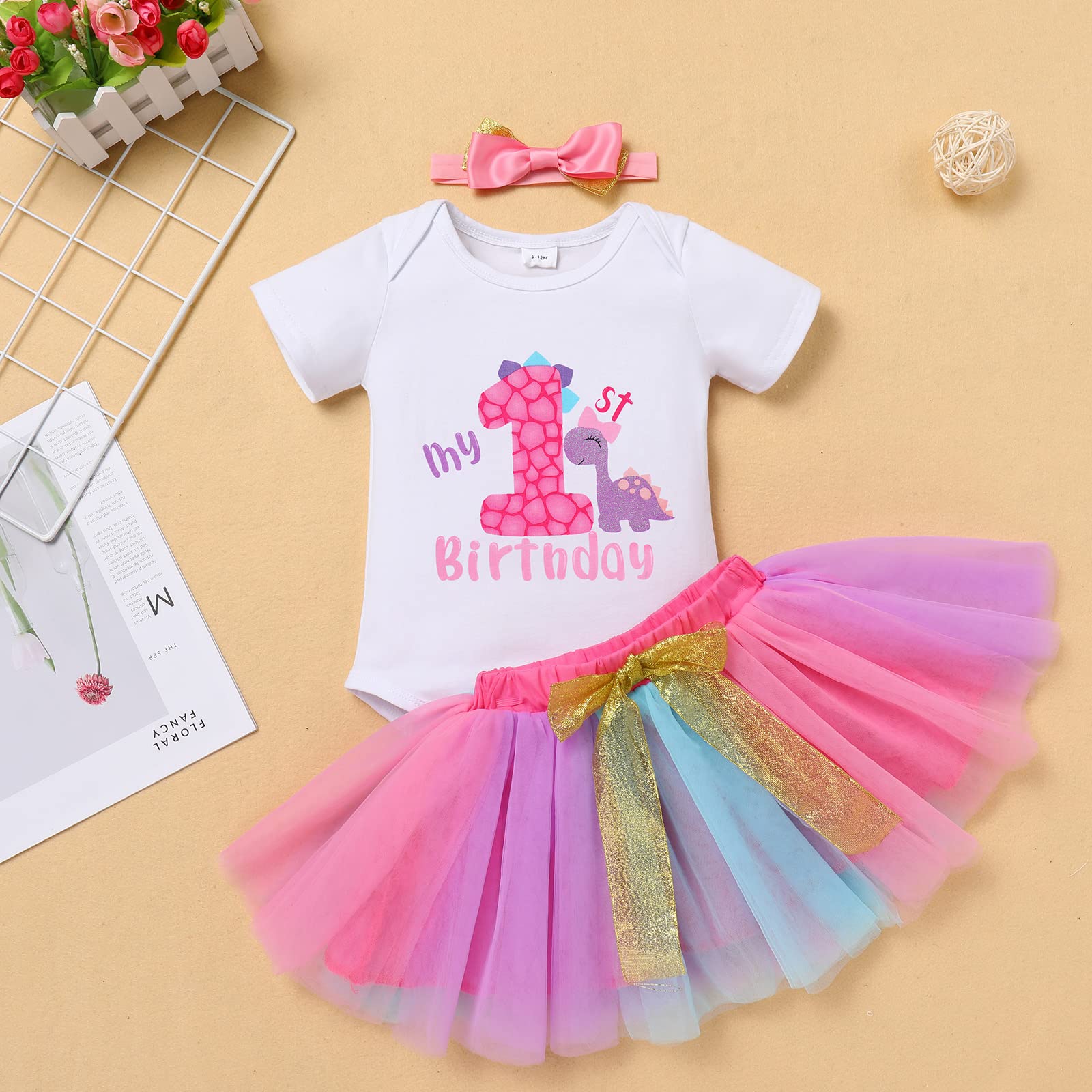 Pink Dinosaur Party Supplies 1ST Birthday Boho Rainbow Tutu Outfit for Baby Girl Wild One Year Old Party Cake Smash Photo Shooting Props Spring Easter Dress Headband Clothes Set Rose Gold 12 Months