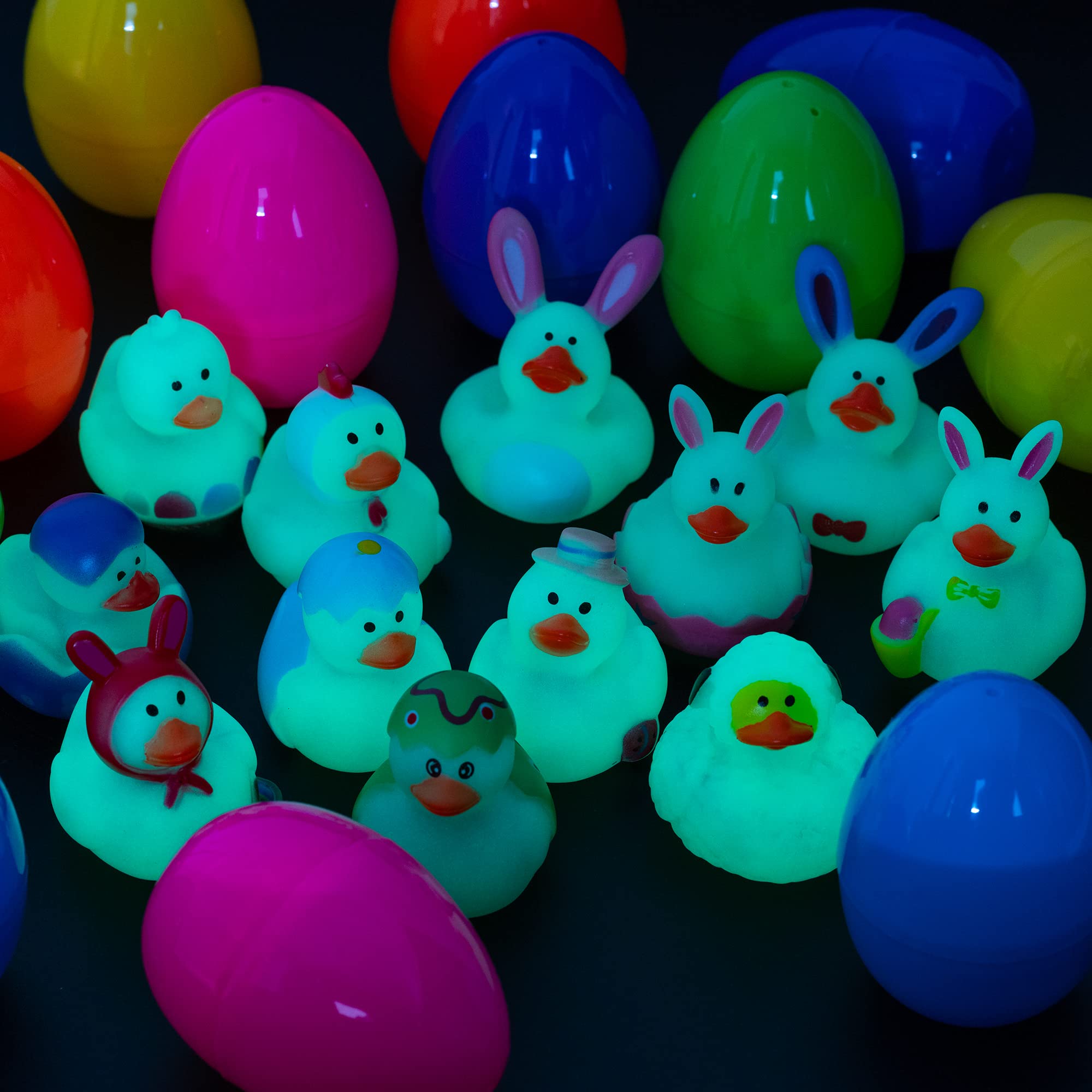 Haooryx 24PCS Easter Colorful Eggs Filled with Rubber Duckies Plastic Egg Prefilled with Glow in The Dark Bunny Duckies Bathtub Toys for Kid Easter Basket Stuffing Classroom Prize Party Favors