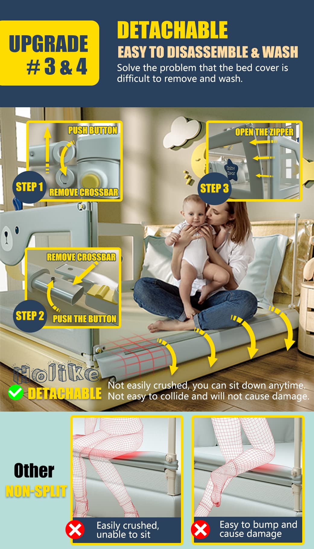 CuteBear Bed Rails for Toddlers - 60" 70" 80" Extra Long Baby Bed Rail Guard (3 Sides: Perfect for King Bed, Include 3 Sides)